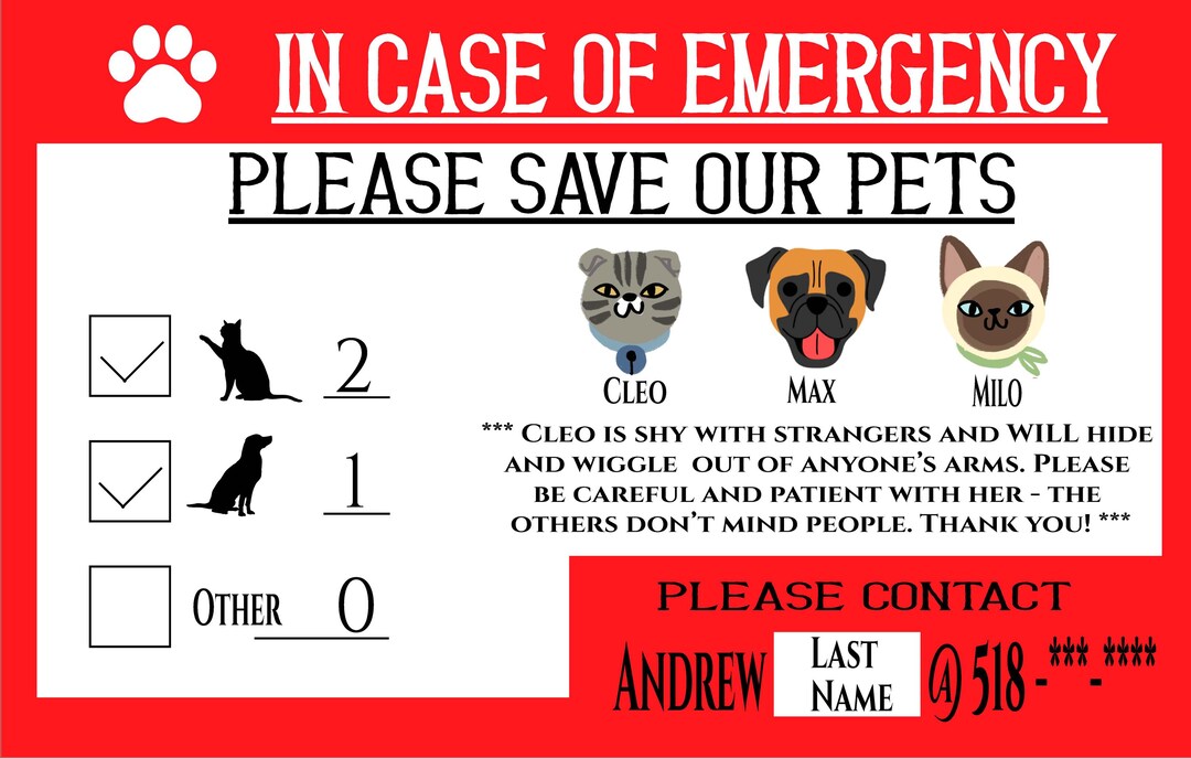 Personalized Emergency Save Our Pets Sticker for Window and Door - Etsy