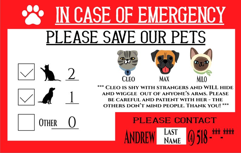 Personalized Emergency Save Our Pets Sticker for Window and Door - Etsy