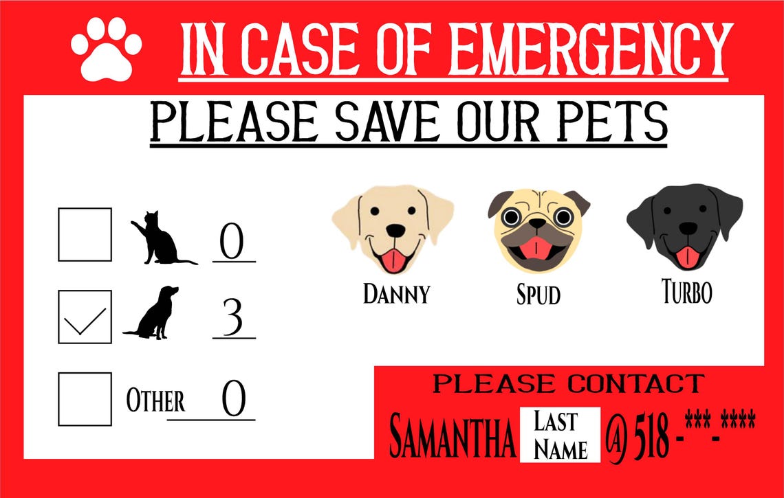 Personalized Emergency Save Our Pets Sticker for Window and Door - Etsy