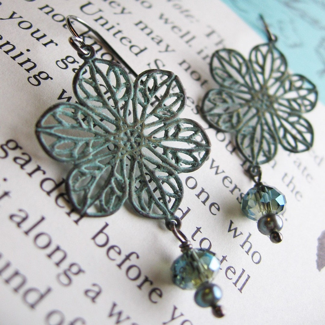 Victorian Teal Blue Patina Flower Earrings: Verdigris Crystal Pearl ...