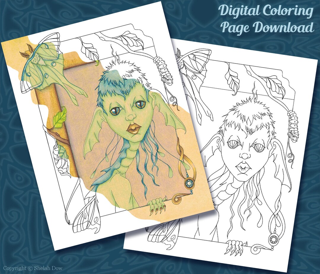 Luna Moth Coloring Page - Alien Girl Moth Coloring Page - Pen & Ink ...