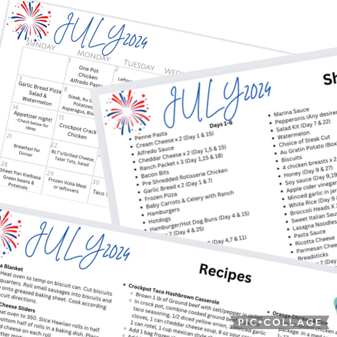 Full July Menu, Shopping List & Recipes! - Etsy