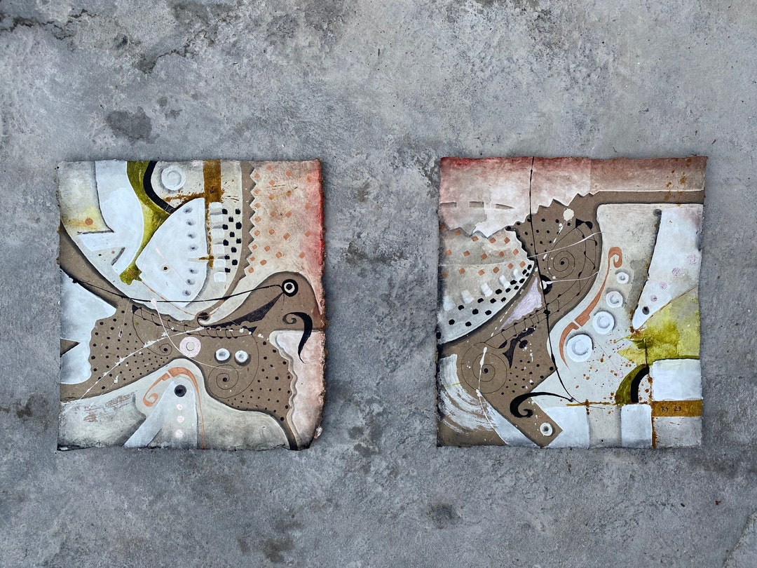 Abstract Improvisation With Neutral Colors Diptych, 2 Original ...