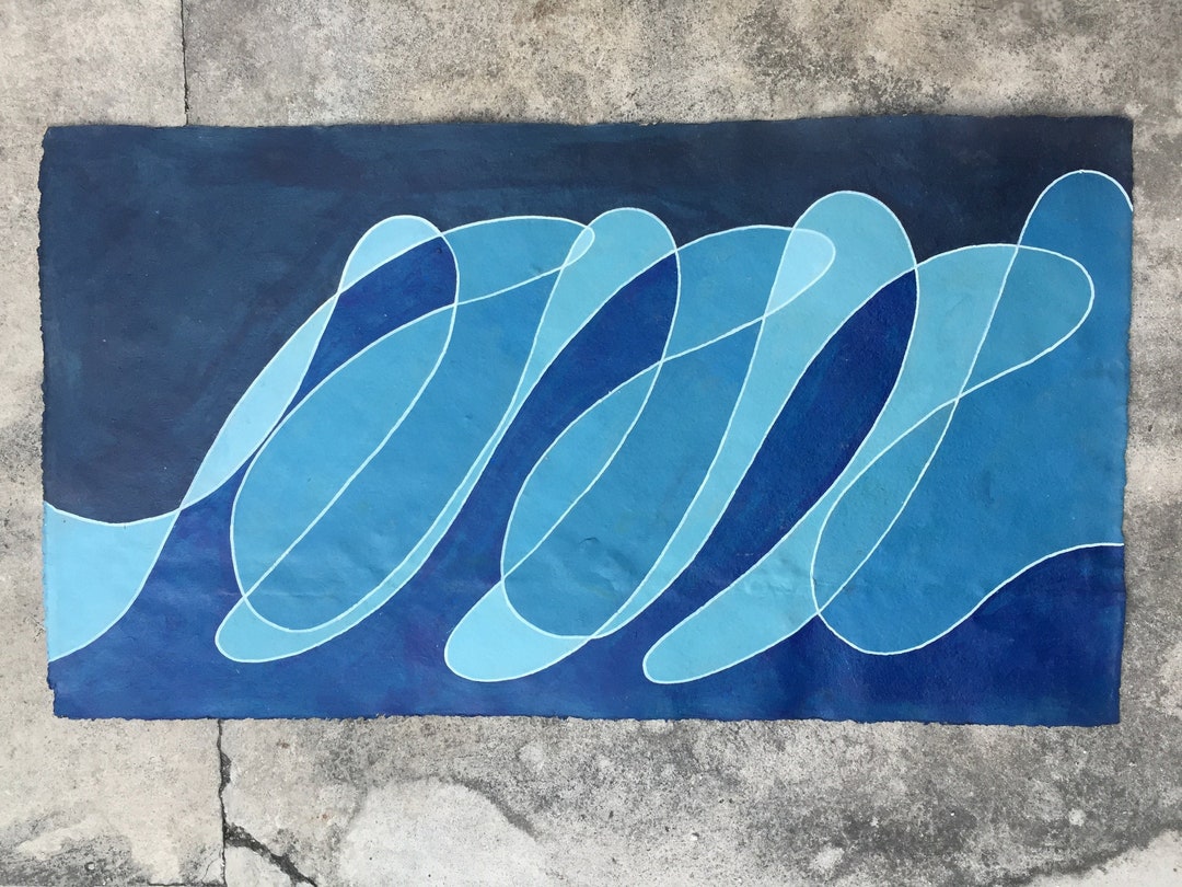 Blue Interference Pattern Painting: Large Mixed Media Art on Handmade ...