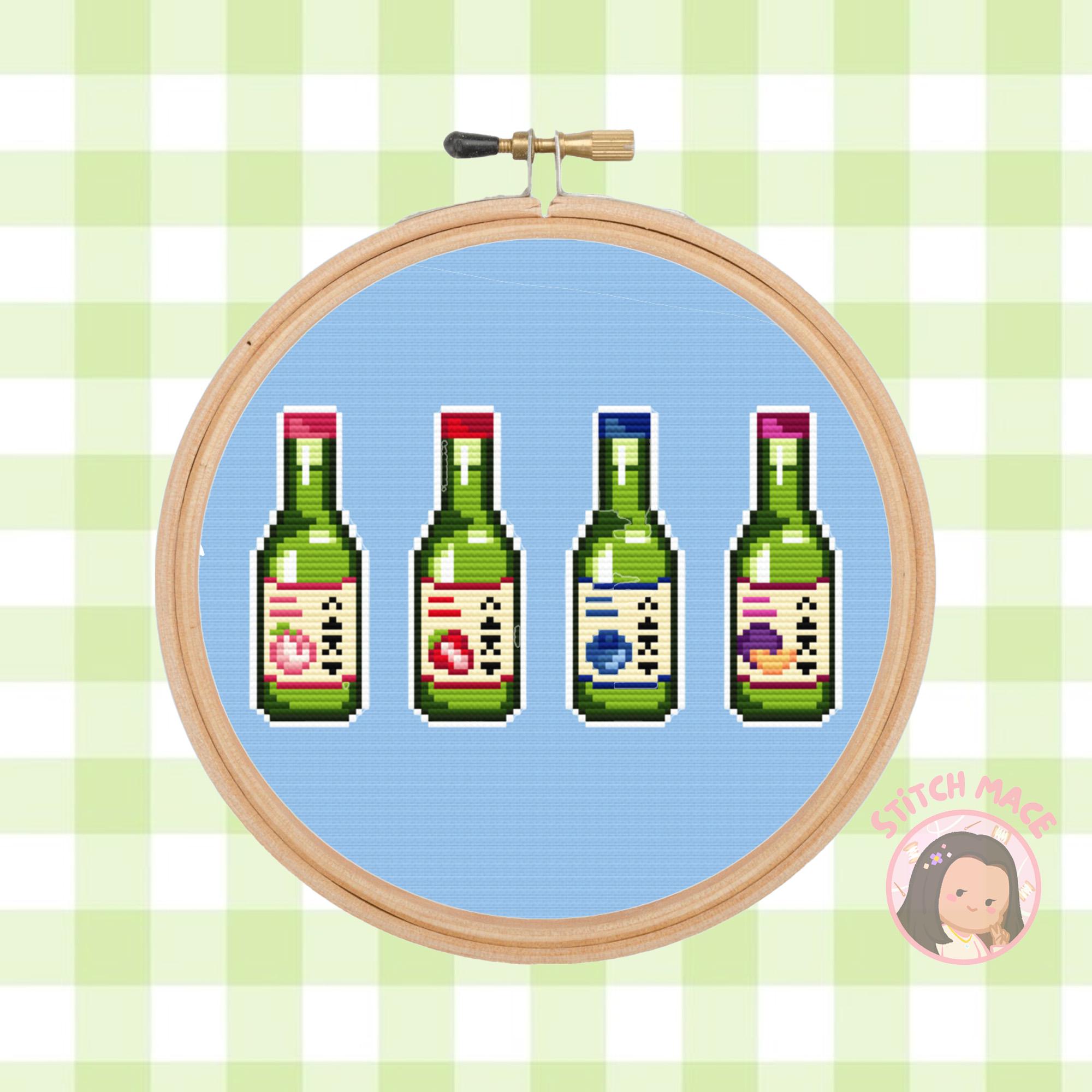 Soju Cross Stitch Pattern - Kawaii, Aesthetic, Drink, Pixel Art, Asian Snack, Food, Colorful ...