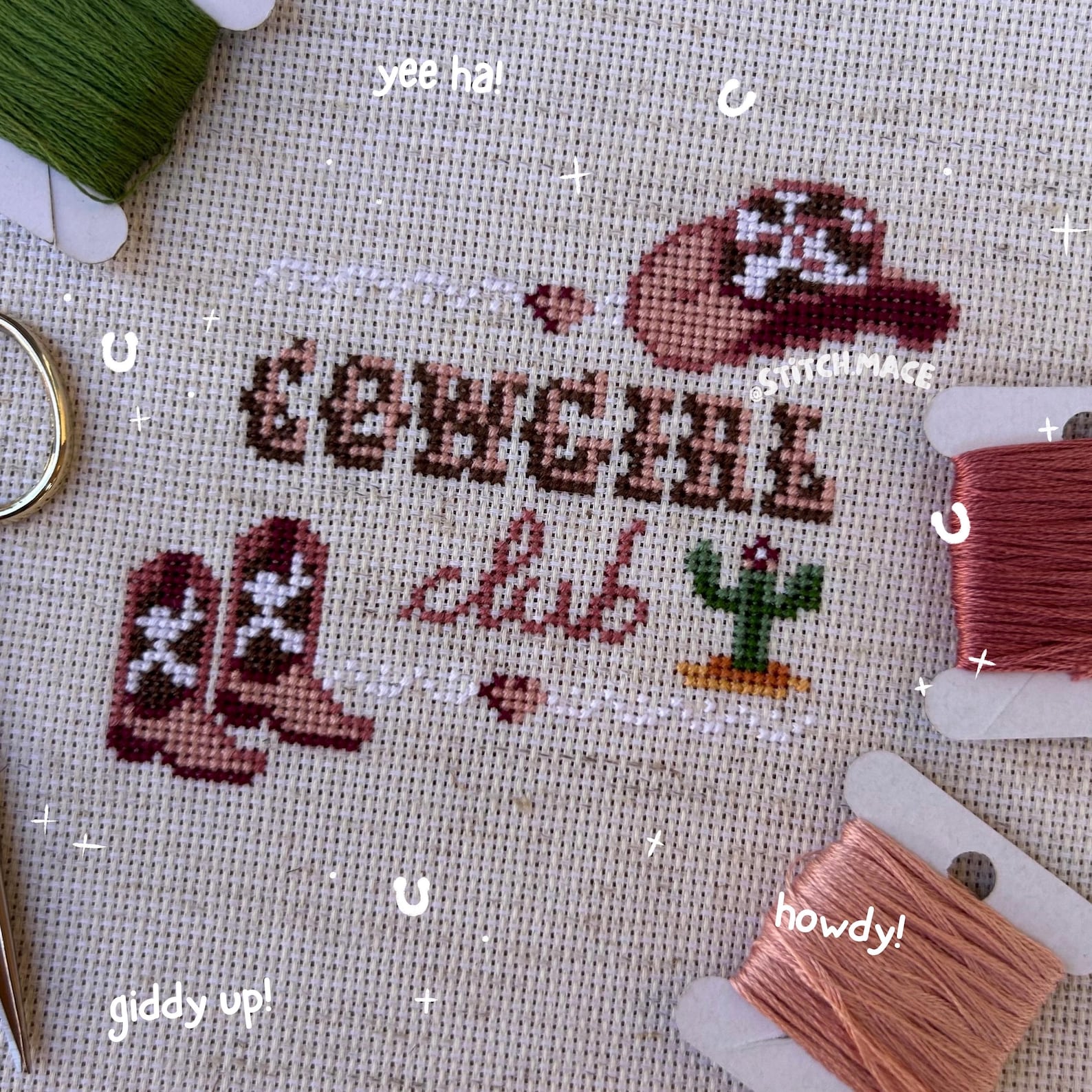 Cowgirl Club Cross Stitch Pattern - Boots, Rodeo, Howdy, Cowboy, Pink ...