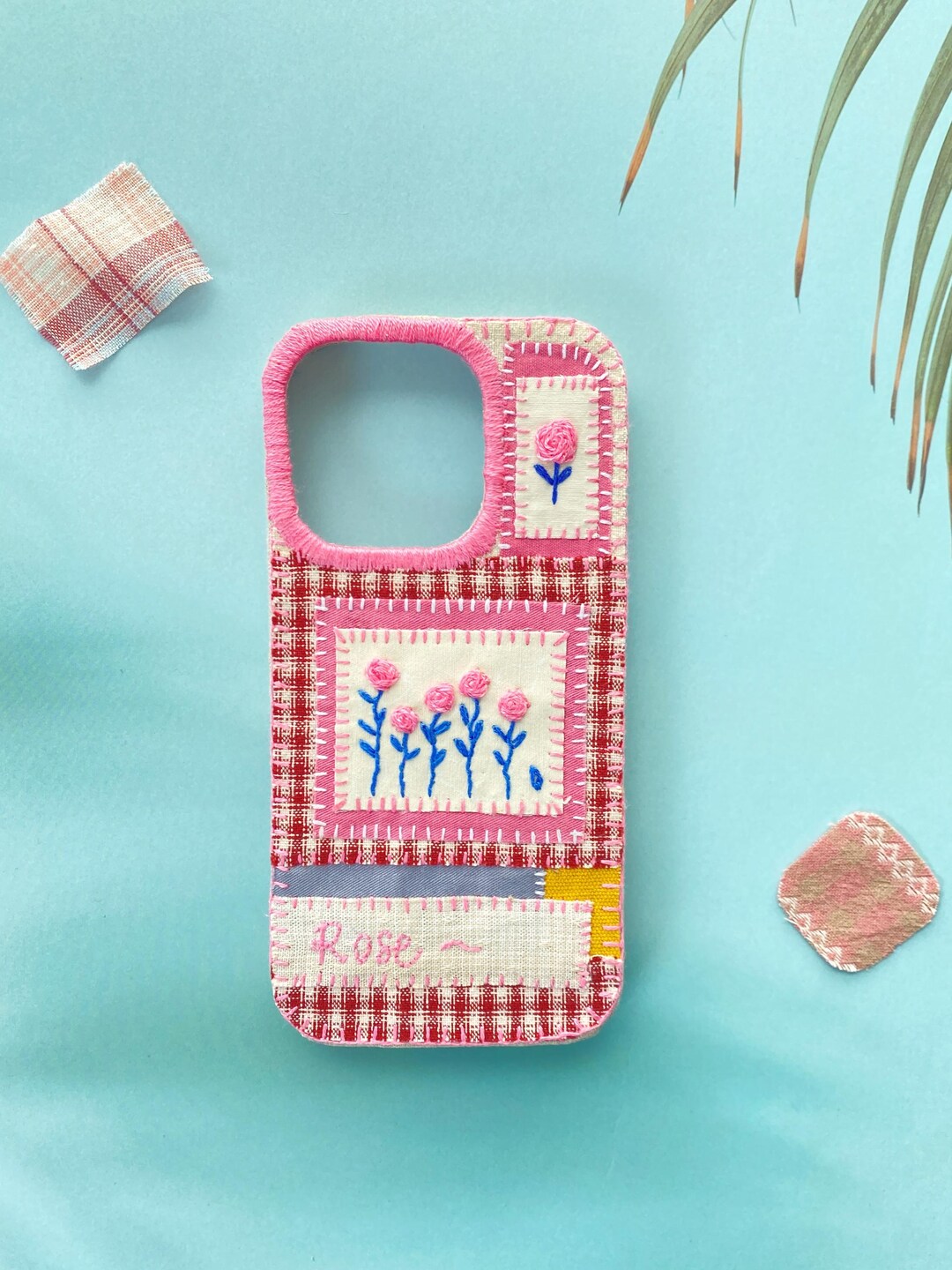 Handmade Sewing Patchwork Phone Case,embroidery Pink Rose Phone Case ...
