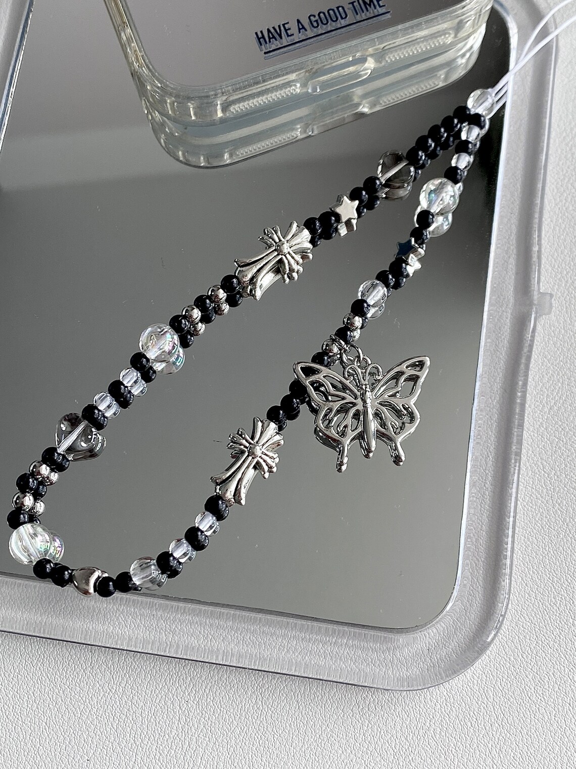 Phone Charm Silver Butterfly,black Bead Phone Strap Charm,unique Black ...