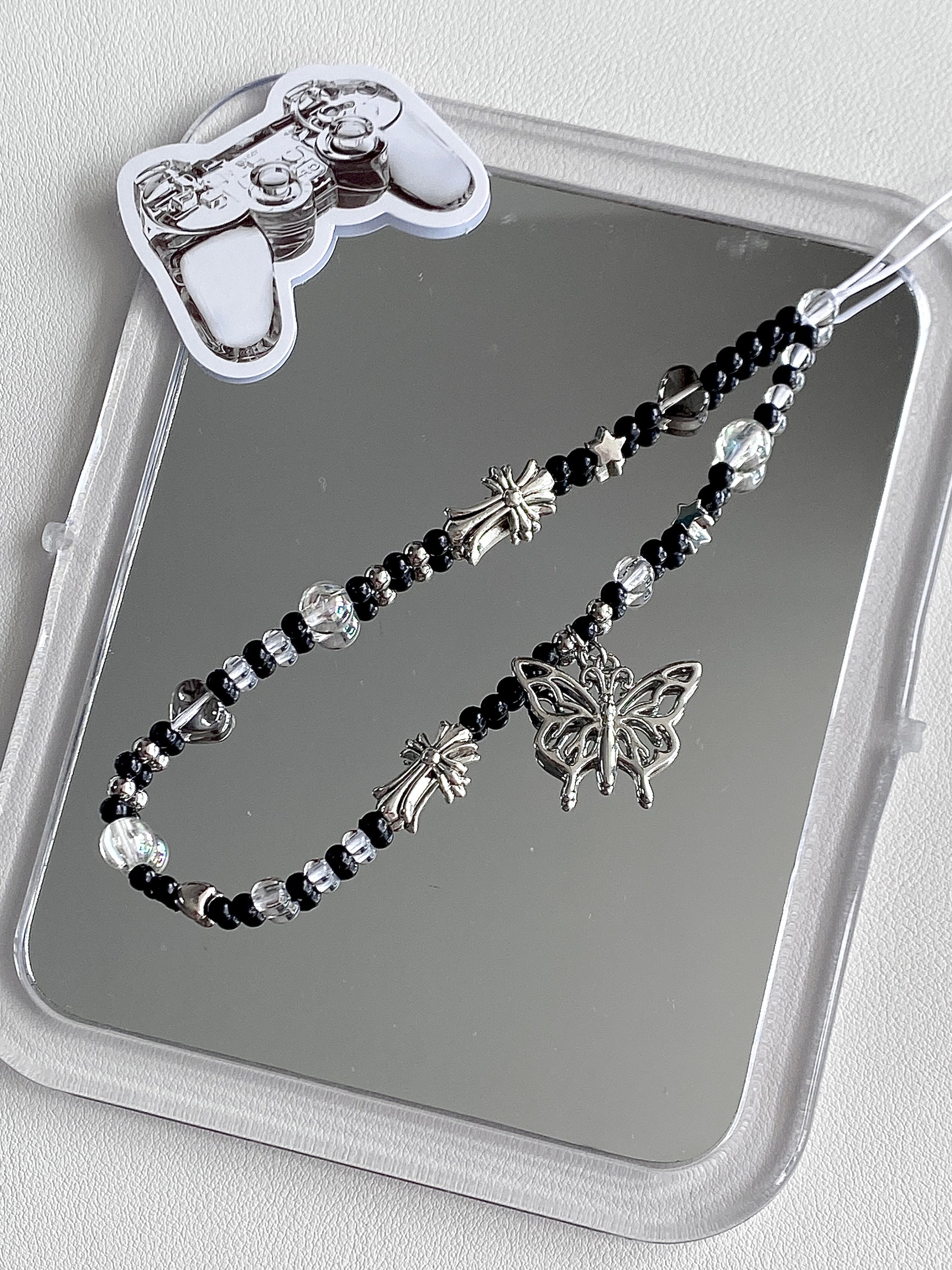 Phone Charm Silver Butterfly,black Bead Phone Strap Charm,unique Black ...
