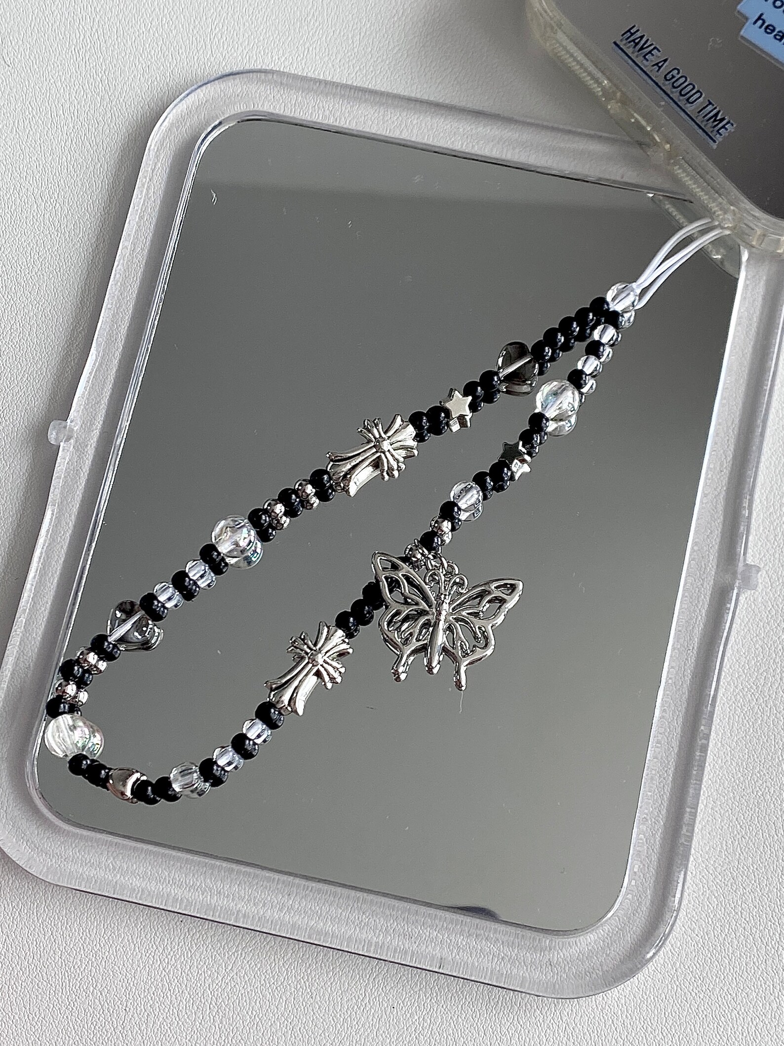 Phone Charm Silver Butterfly,black Bead Phone Strap Charm,unique Black ...