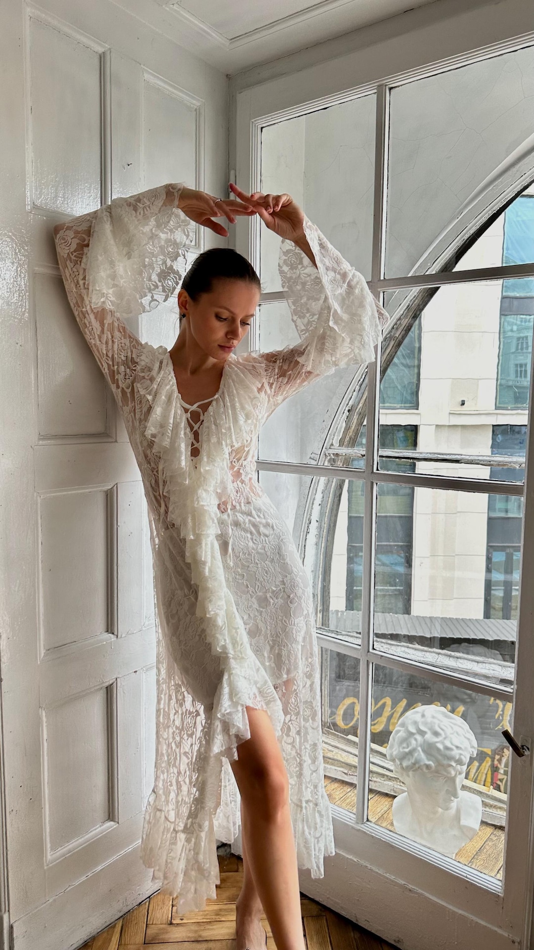 White Long Bridal Dress, Wedding Tulle Cape, Transparent Lace Robe ...