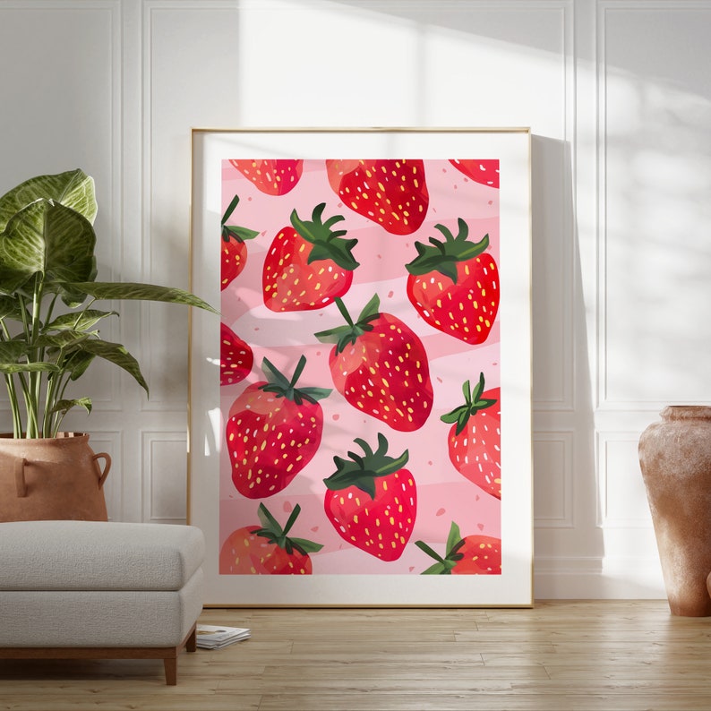 Cute Strawberry Print Botanical Poster, Summer Fruits Print, Fruits ...