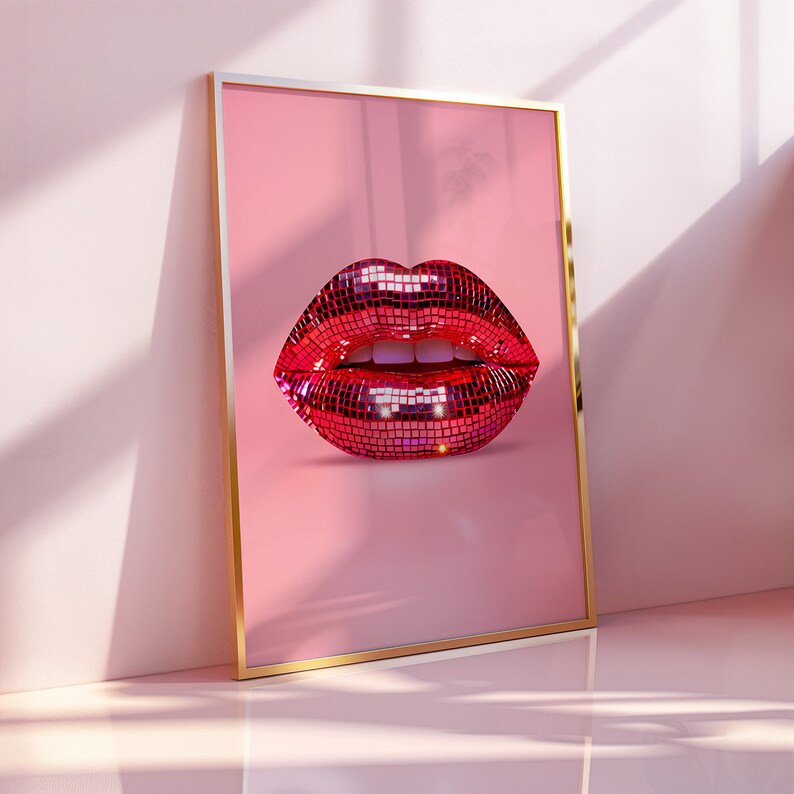 Red Disco Lips Pink Wall Art Printable Poster, Trendy Pink Poster ...