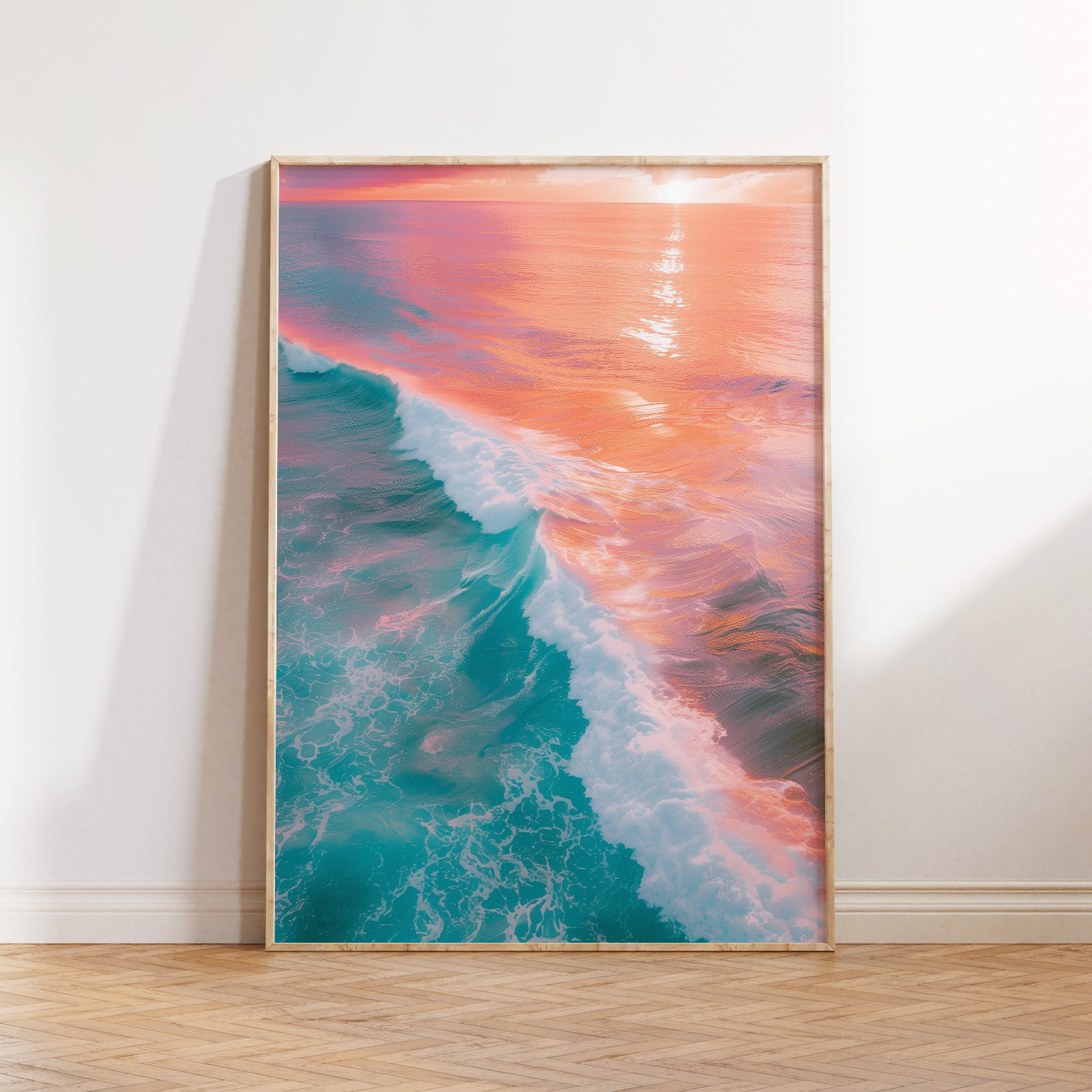 Ocean Wave and Pastel Sunset Print Wall Art, Tropical Coastal Prints ...