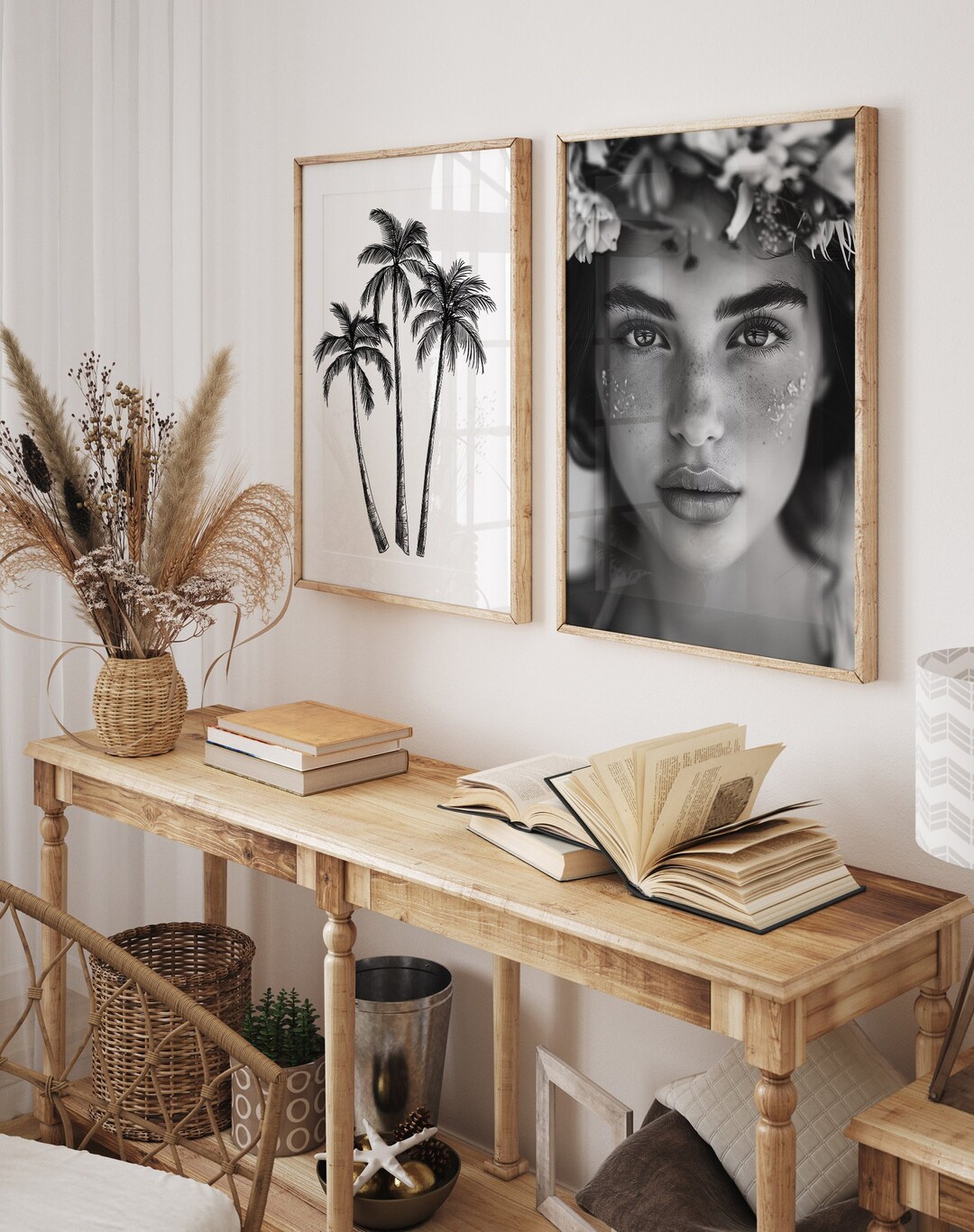 Hippie Boho Woman Portrait Poster Set of 2 Wall Art, Minimalist Wall ...