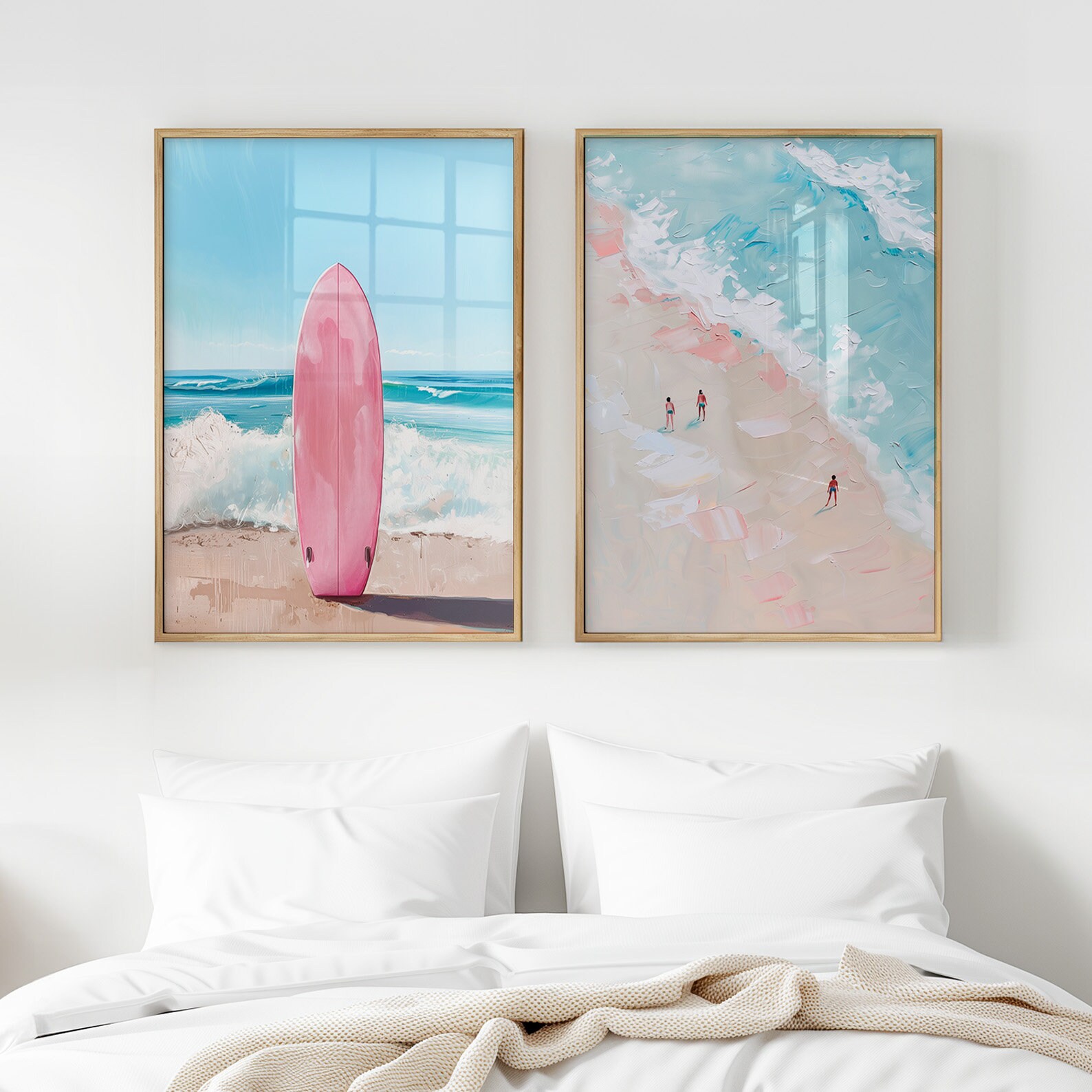 Surfers Board and Ocean Beach Set of 2 Wall Art Print, Tropical Surfing ...