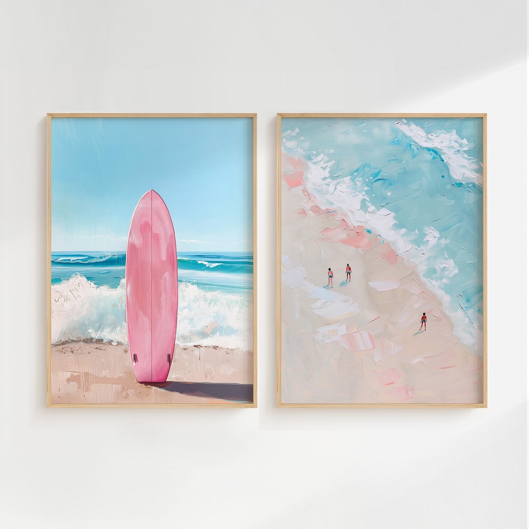 Surfers Board and Ocean Beach Set of 2 Wall Art Print, Tropical Surfing ...