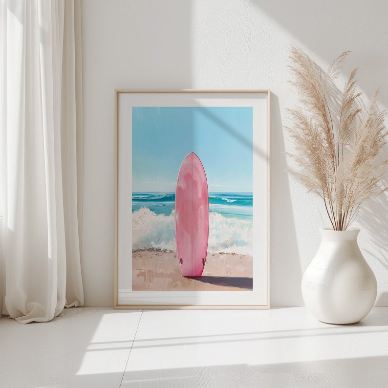 Pink Pastel Surfboard Painting, Surfing Wall Art Print, Trendy Beach ...