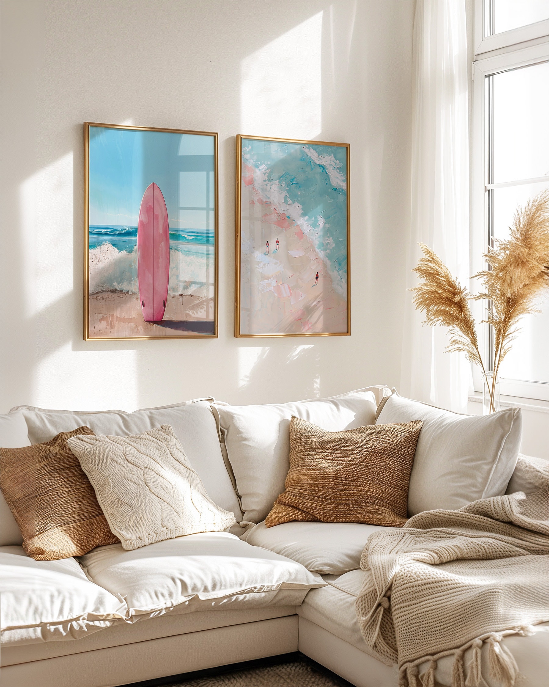 Surfers Board and Ocean Beach Set of 2 Wall Art Print, Tropical Surfing ...