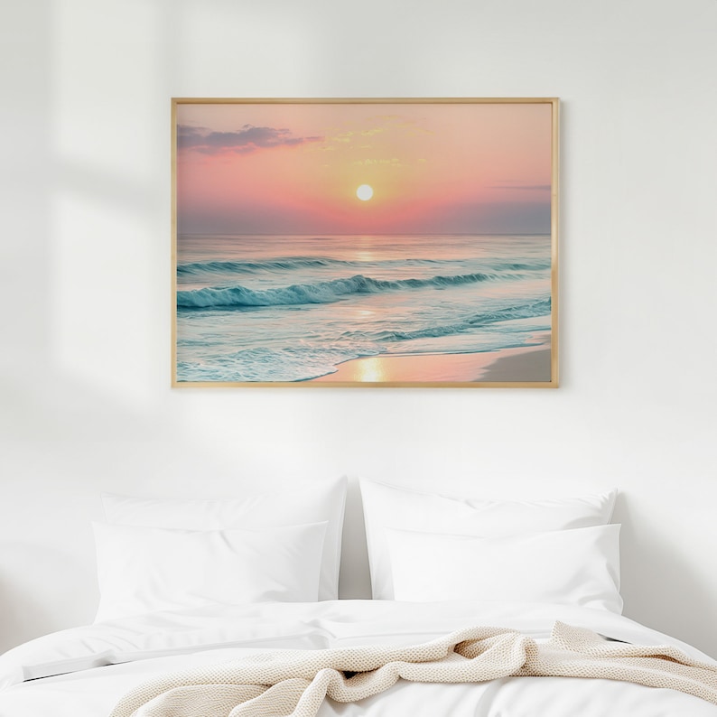Pastel Horizontal Sunset Ocean Beach Print Wall Art, Boho Beach Poster ...
