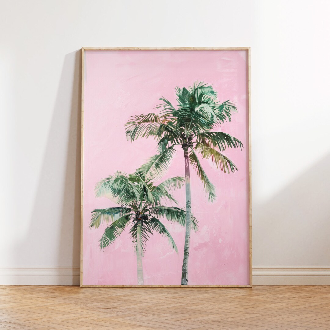 Illustration Pink Palm Trees Print Wall Art, Tropical Coastal Prints ...