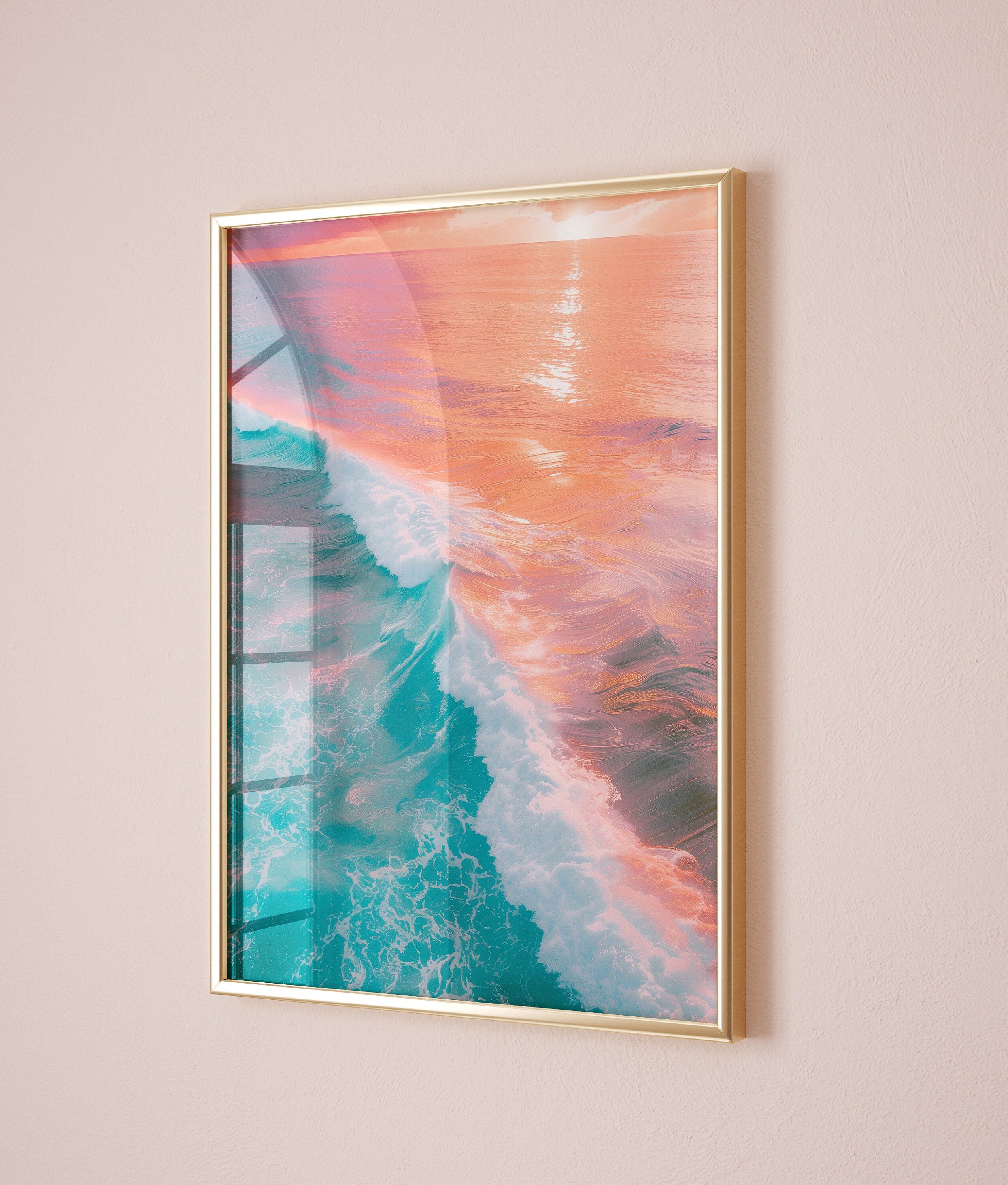 Ocean Wave and Pastel Sunset Print Wall Art, Tropical Coastal Prints ...