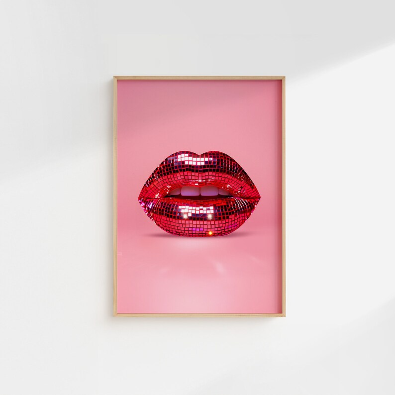 Red Disco Lips Pink Wall Art Printable Poster, Trendy Pink Poster ...