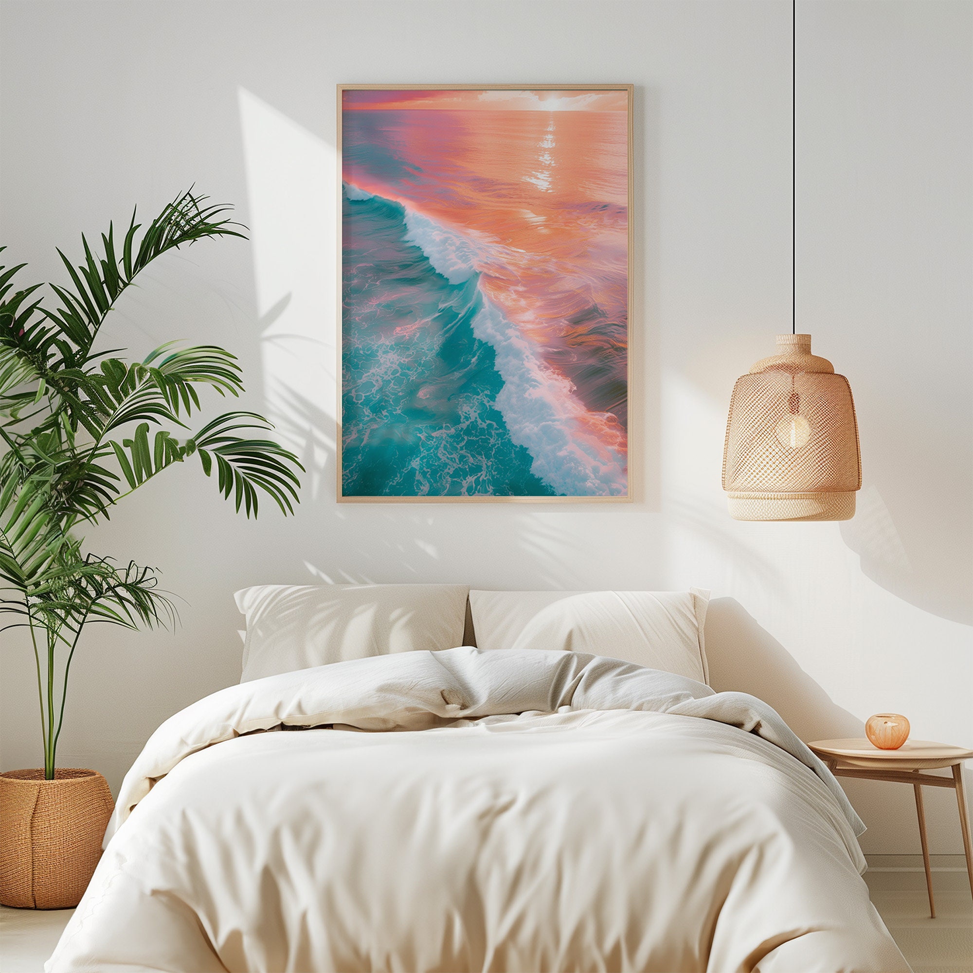 Ocean Wave and Pastel Sunset Print Wall Art, Tropical Coastal Prints ...
