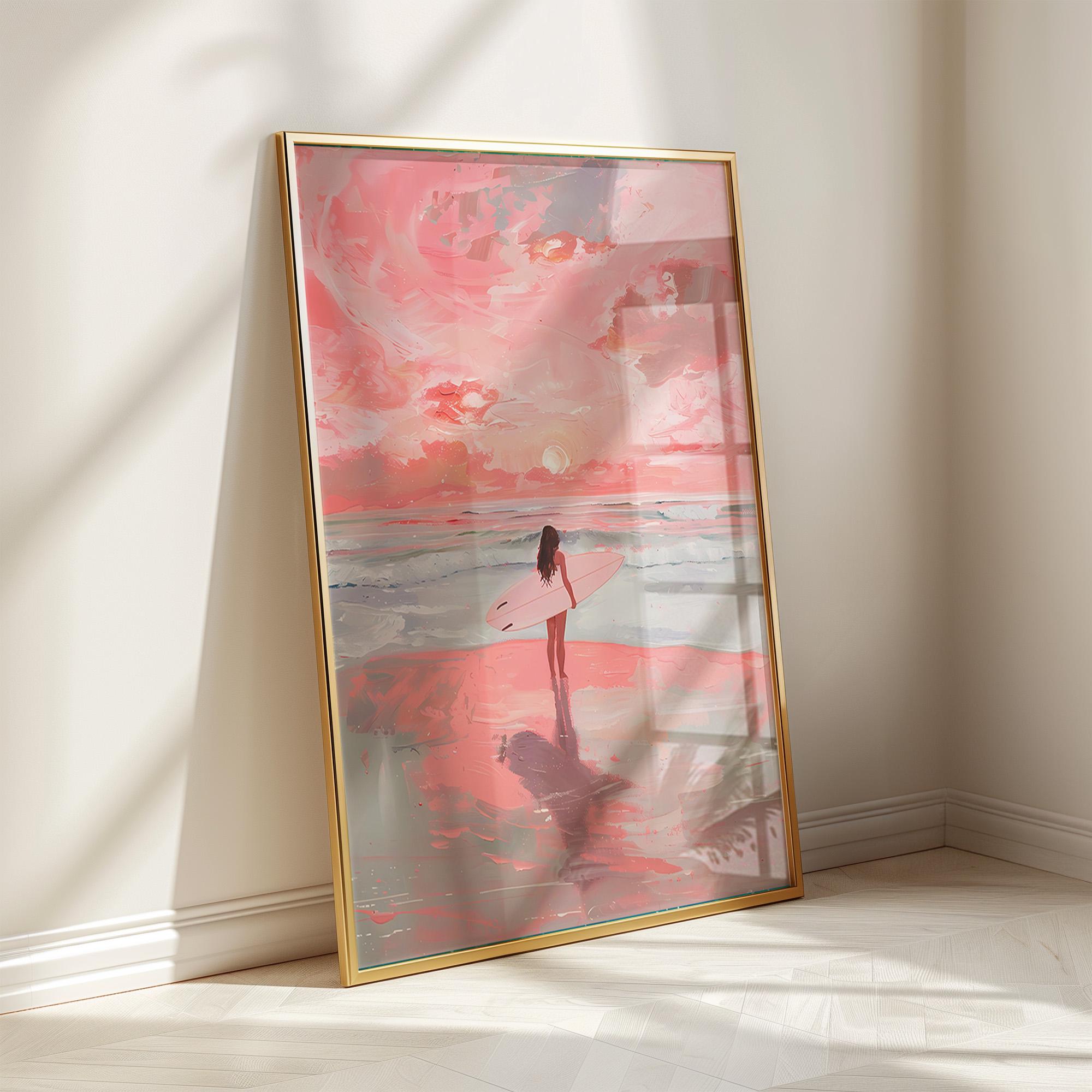 Surfer Girl Wall Art, Pink Coastal Surf up Poster, Ocean Art Print ...