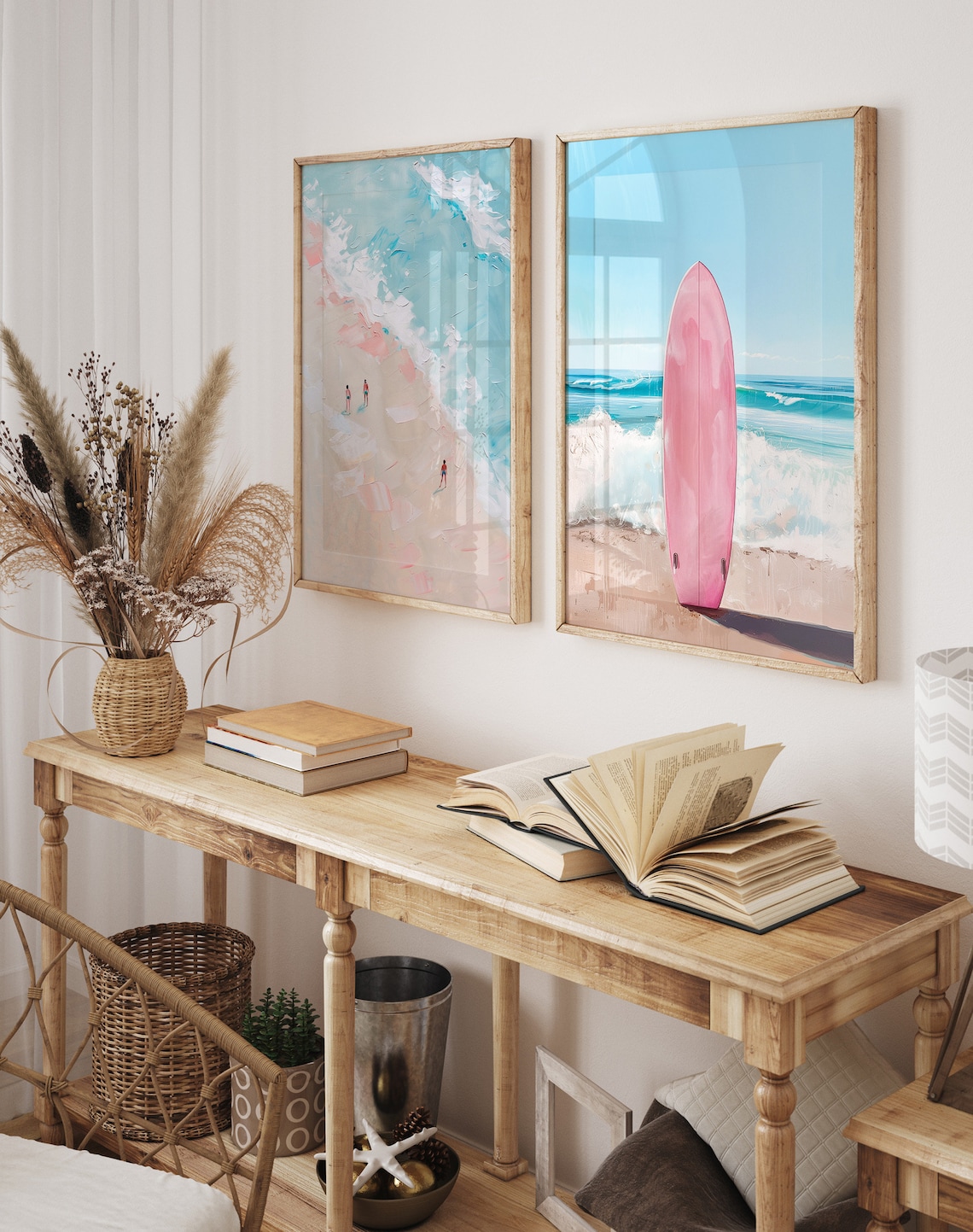 Surfers Board and Ocean Beach Set of 2 Wall Art Print, Tropical Surfing ...