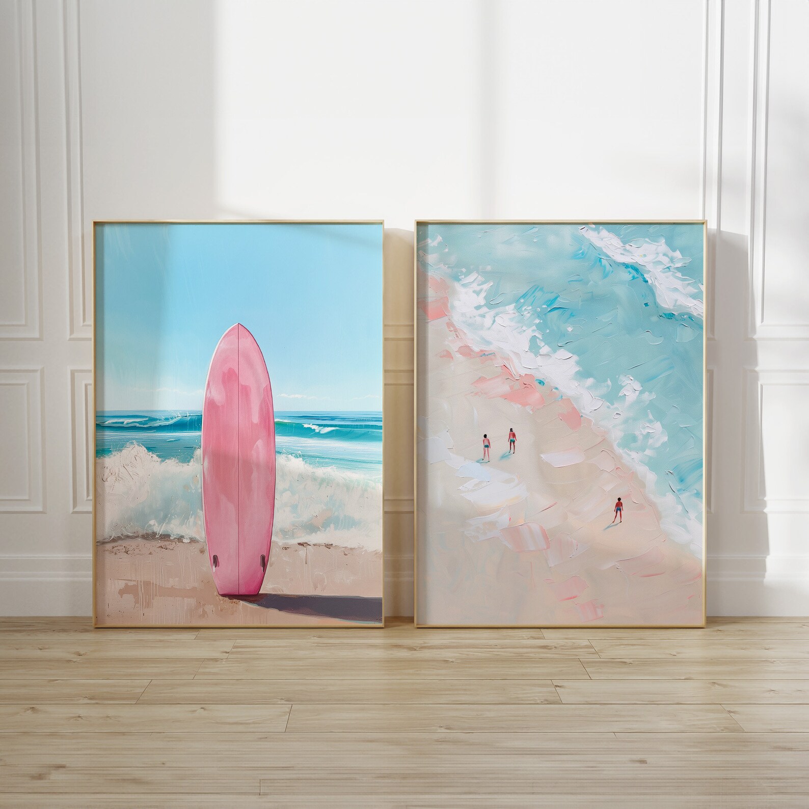 Surfers Board and Ocean Beach Set of 2 Wall Art Print, Tropical Surfing ...