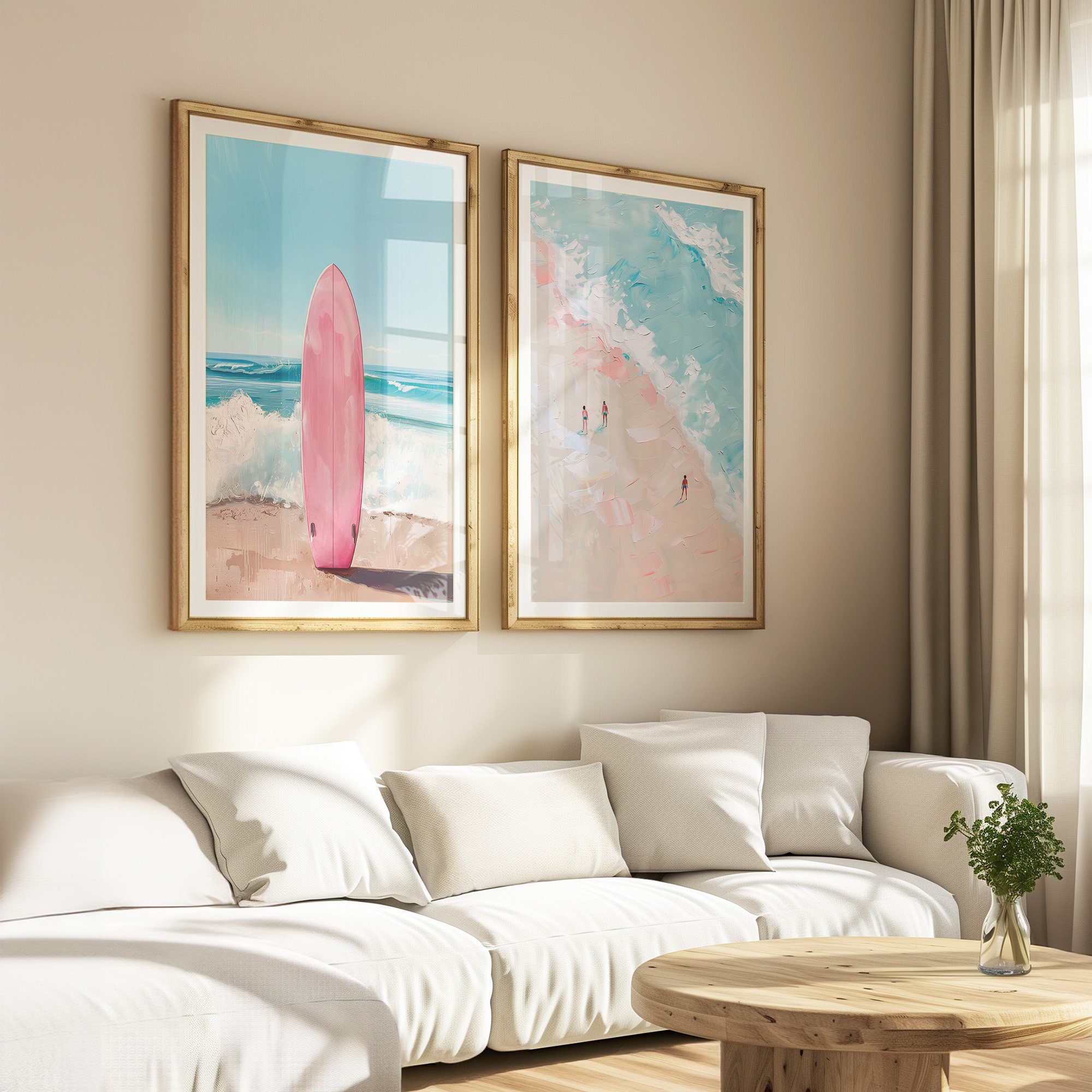 Surfers Board and Ocean Beach Set of 2 Wall Art Print, Tropical Surfing ...