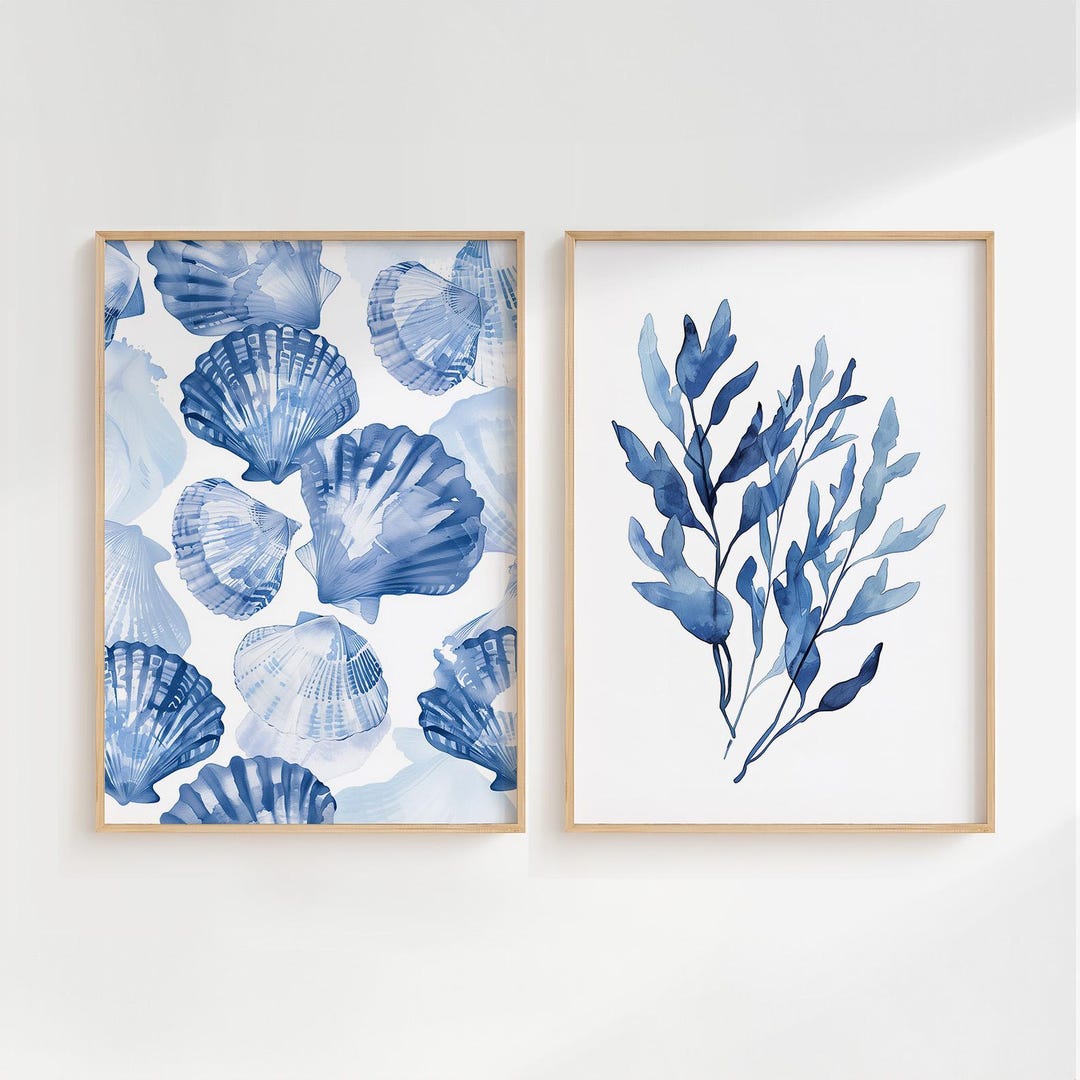 Watercolor Seashells Digital Prints in Pastel Blue, Trendy Vintage ...