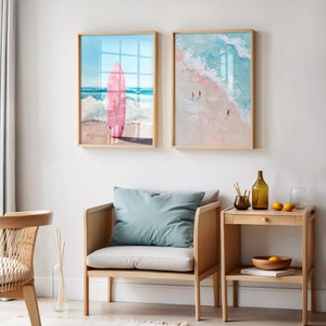 Surfers Board and Ocean Beach Set of 2 Wall Art Print, Tropical Surfing ...