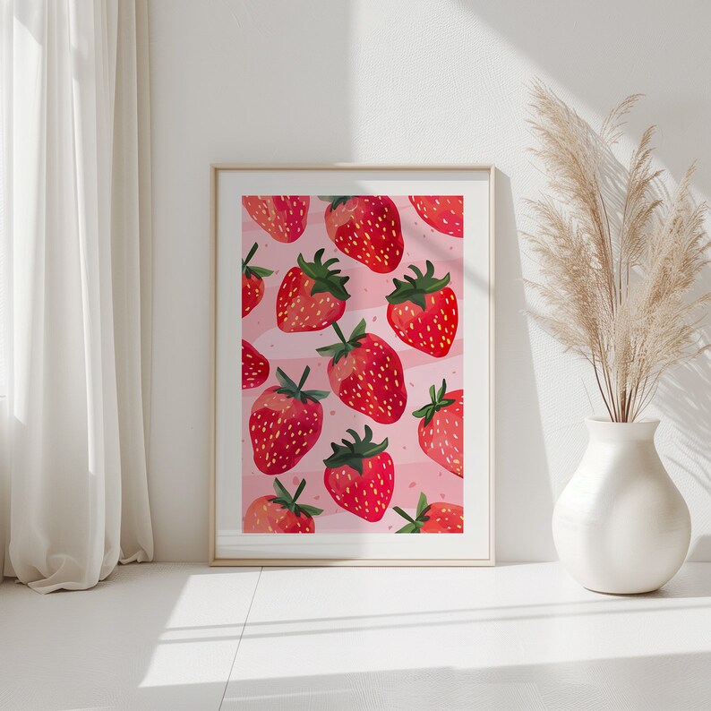 Cute Strawberry Print Botanical Poster, Summer Fruits Print, Fruits ...