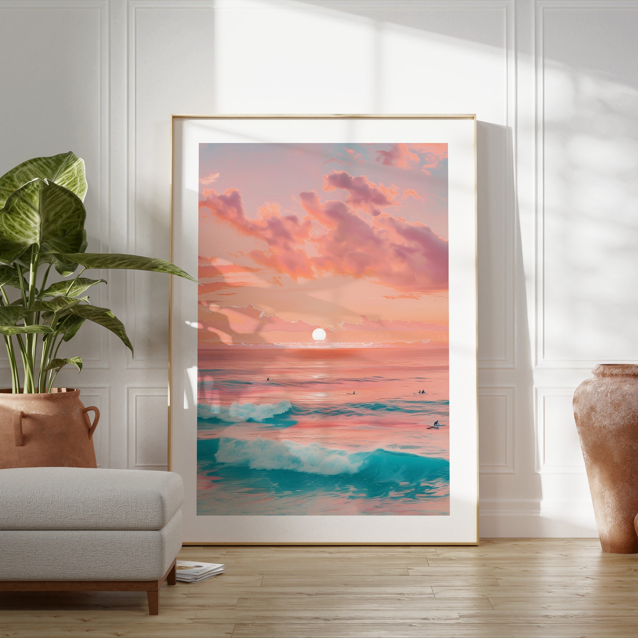 Surfers at Pastel Sunset Ocean Beach Print Wall Art, Tropical Coastal ...