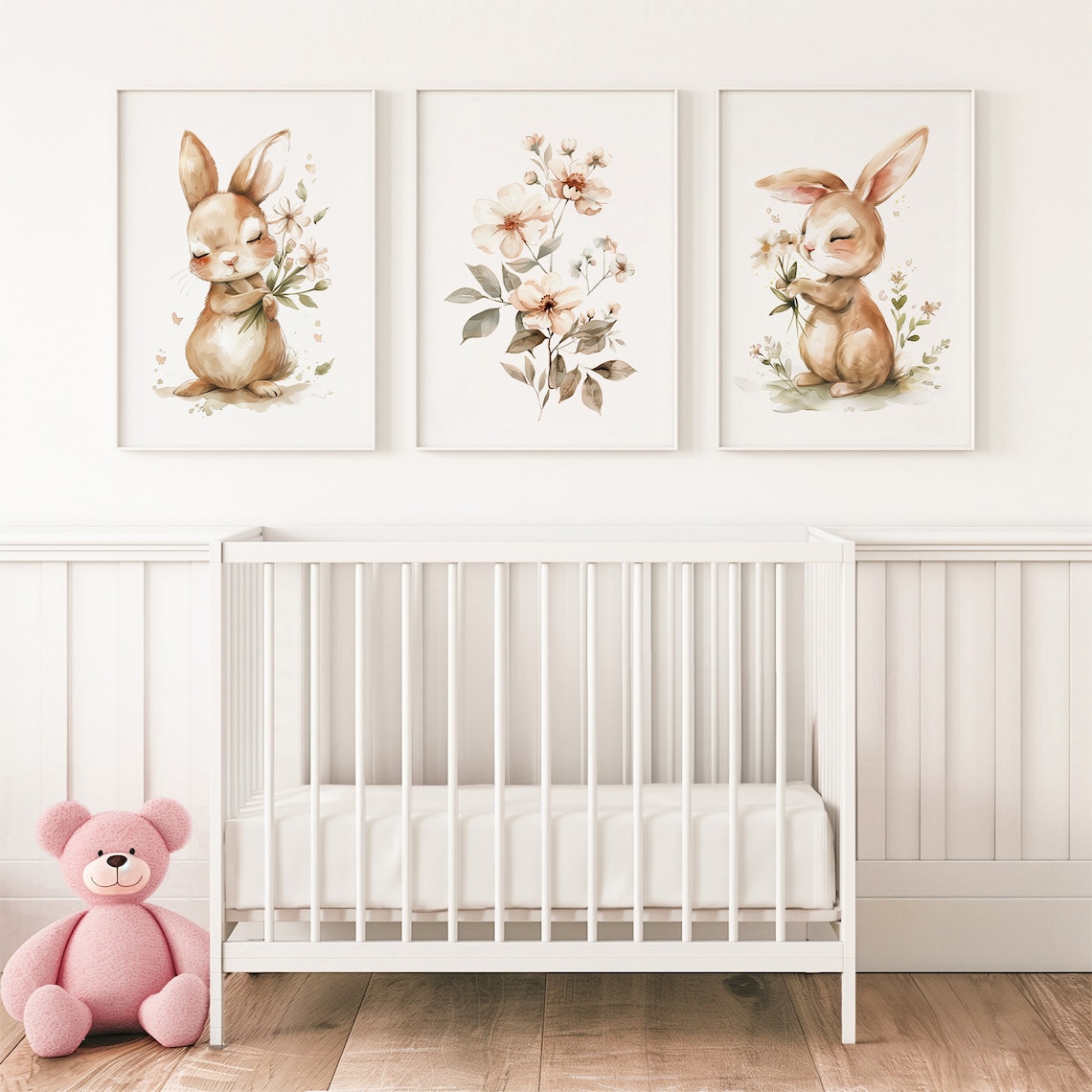 Nursery Wall Art Girl Bunnies, Bunny Nursery Print, Bunny Floral ...