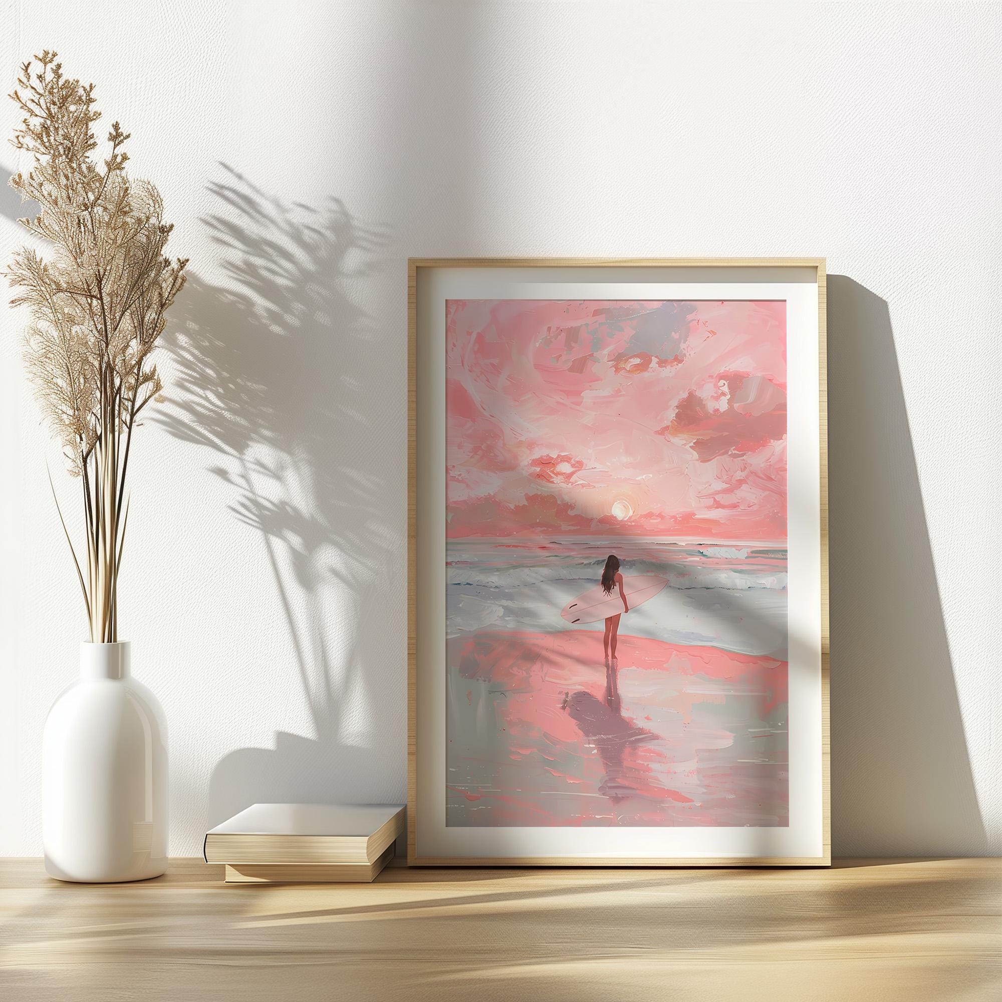 Surfer Girl Wall Art, Pink Coastal Surf up Poster, Ocean Art Print ...