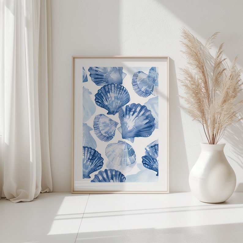 Blue Seashells Coastal Wall Art, Costal Sea Illustration Wall Art Print ...