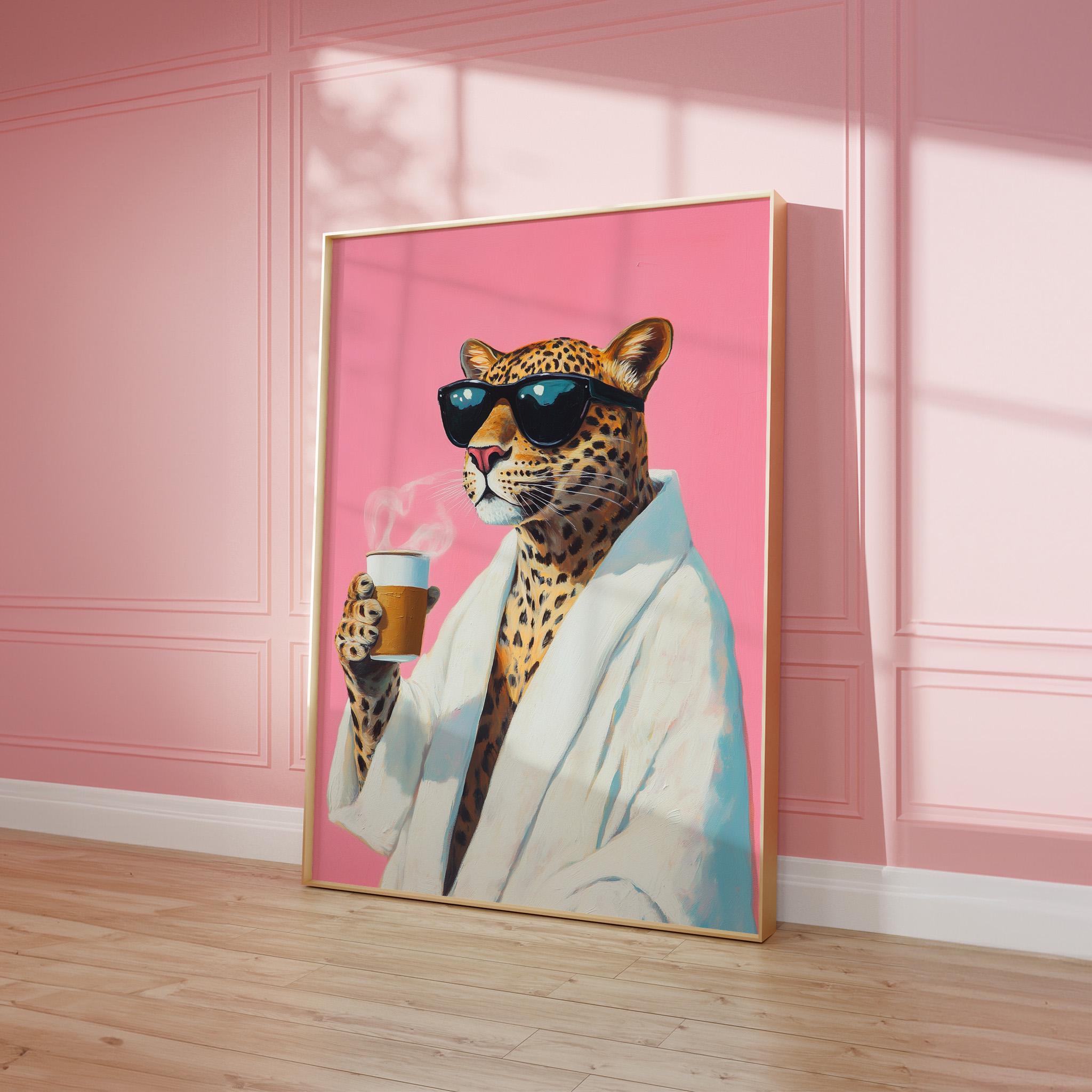 Leopard Drinking Coffee Printable Wall Art, Maximalist Oil Painting ...