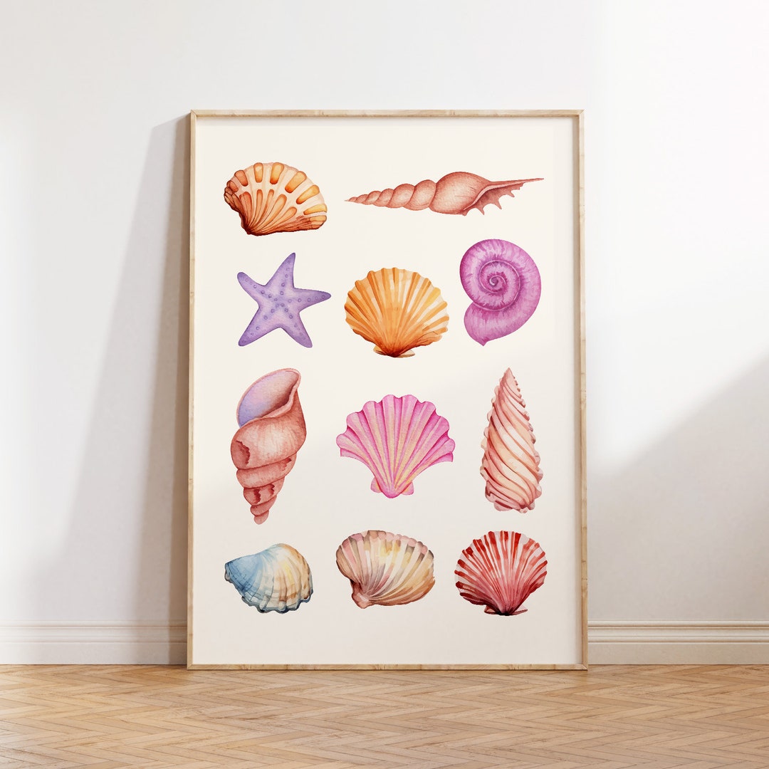 Cute Seashells Pink Coastal Print Wall Art Beach Digital Art Printable ...