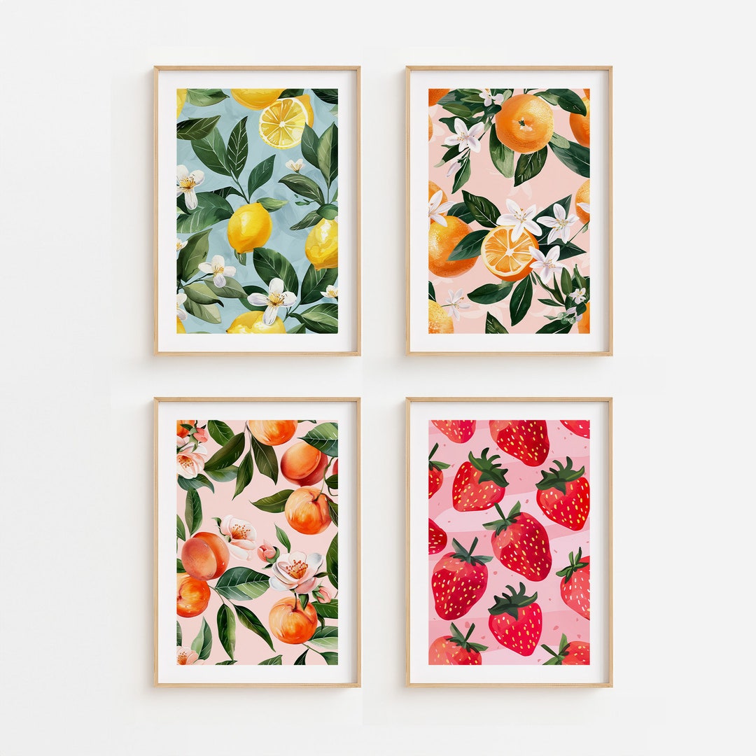 Fruits Print Set of 4 Wall Arts, Lemon Orange Peach Strawberry, Summer ...
