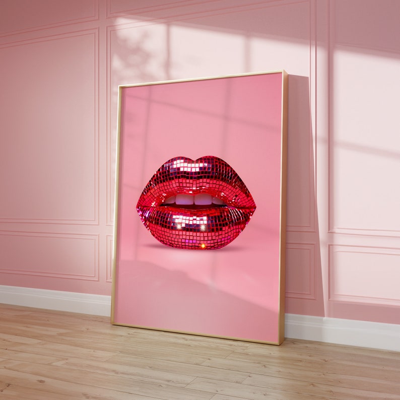 Red Disco Lips Pink Wall Art Printable Poster, Trendy Pink Poster ...