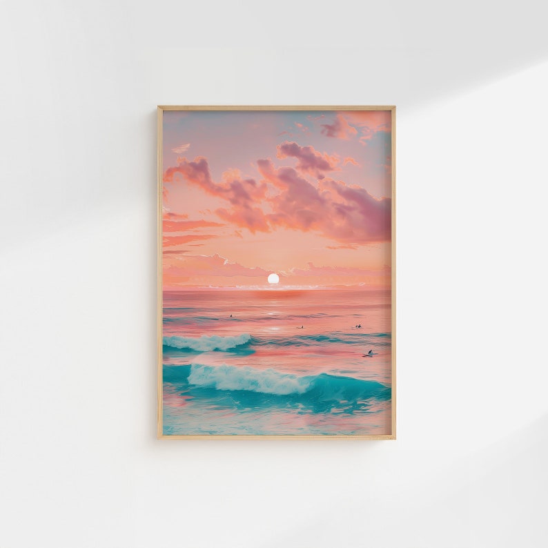 Surfers at Pastel Sunset Ocean Beach Print Wall Art, Tropical Coastal ...