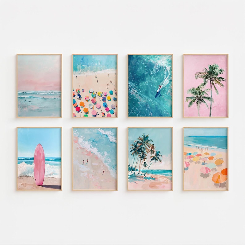 Surfing Coastal Beach Gallery Wall Digital Art Download, 8 Printables ...