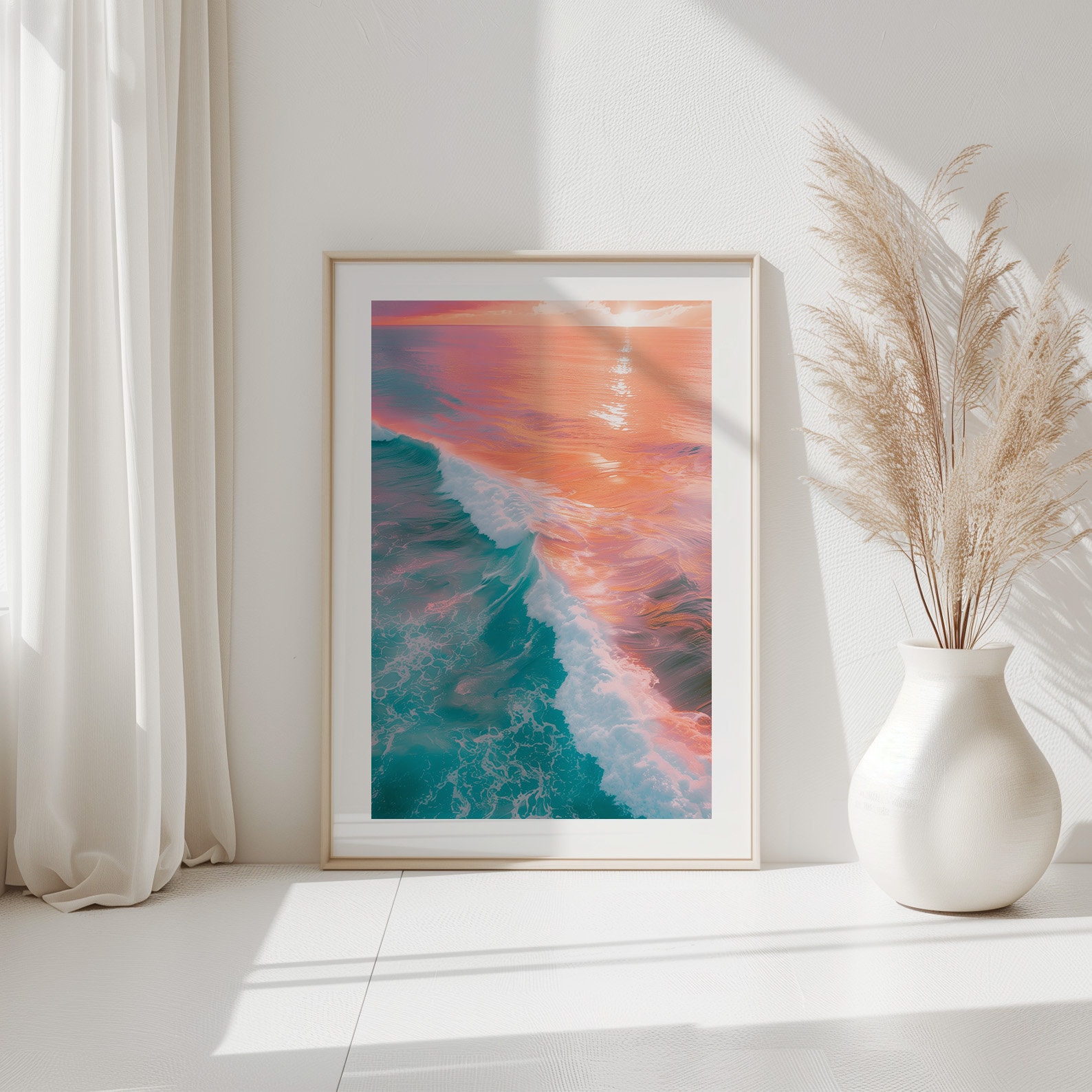 Ocean Wave and Pastel Sunset Print Wall Art, Tropical Coastal Prints ...