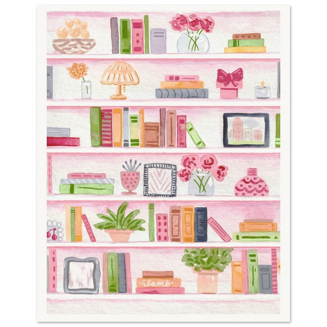 Art Print Bookshelf Cute Bookcase Wall Art for Book Lovers Art Print ...