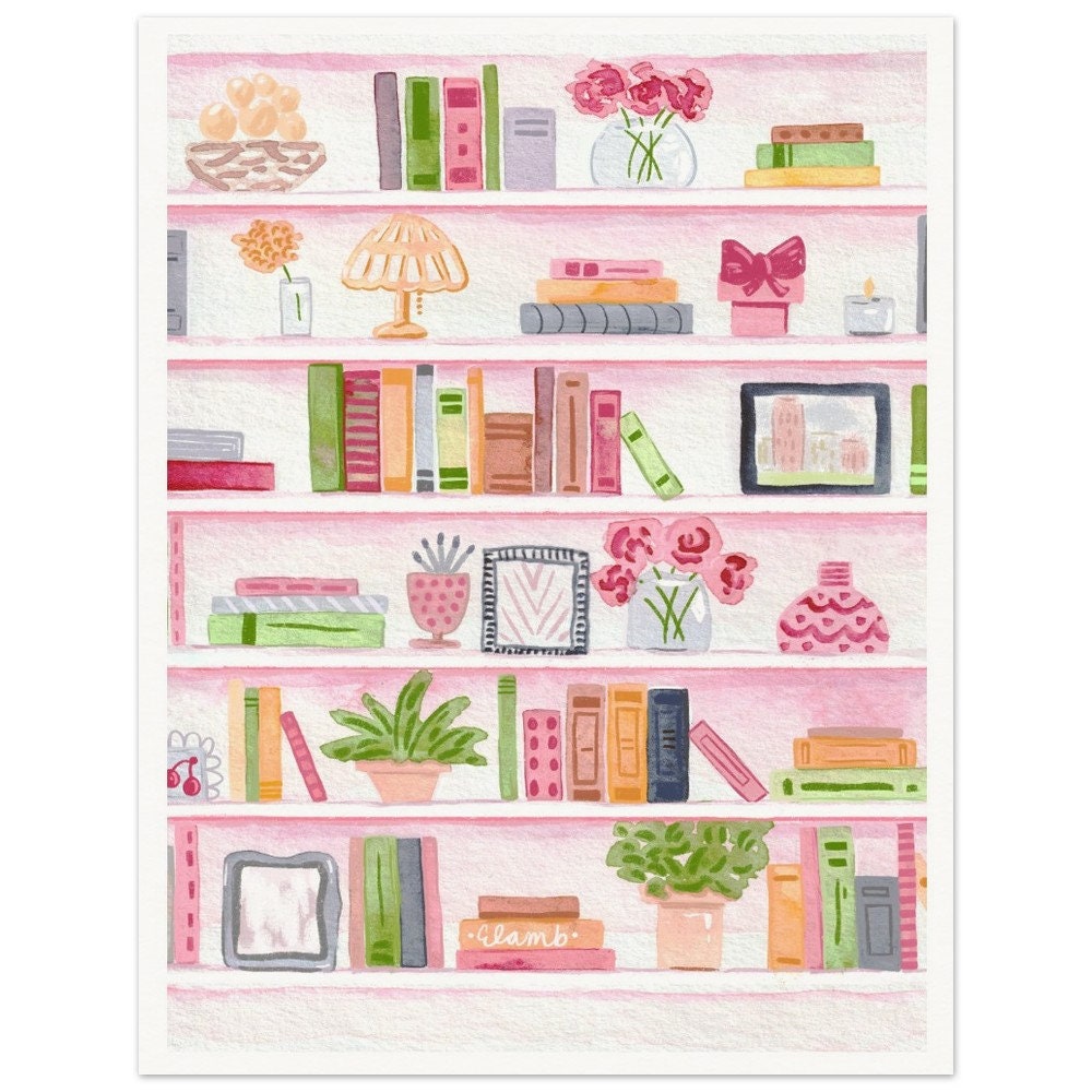 Art Print Bookshelf Cute Bookcase Wall Art for Book Lovers Art Print ...