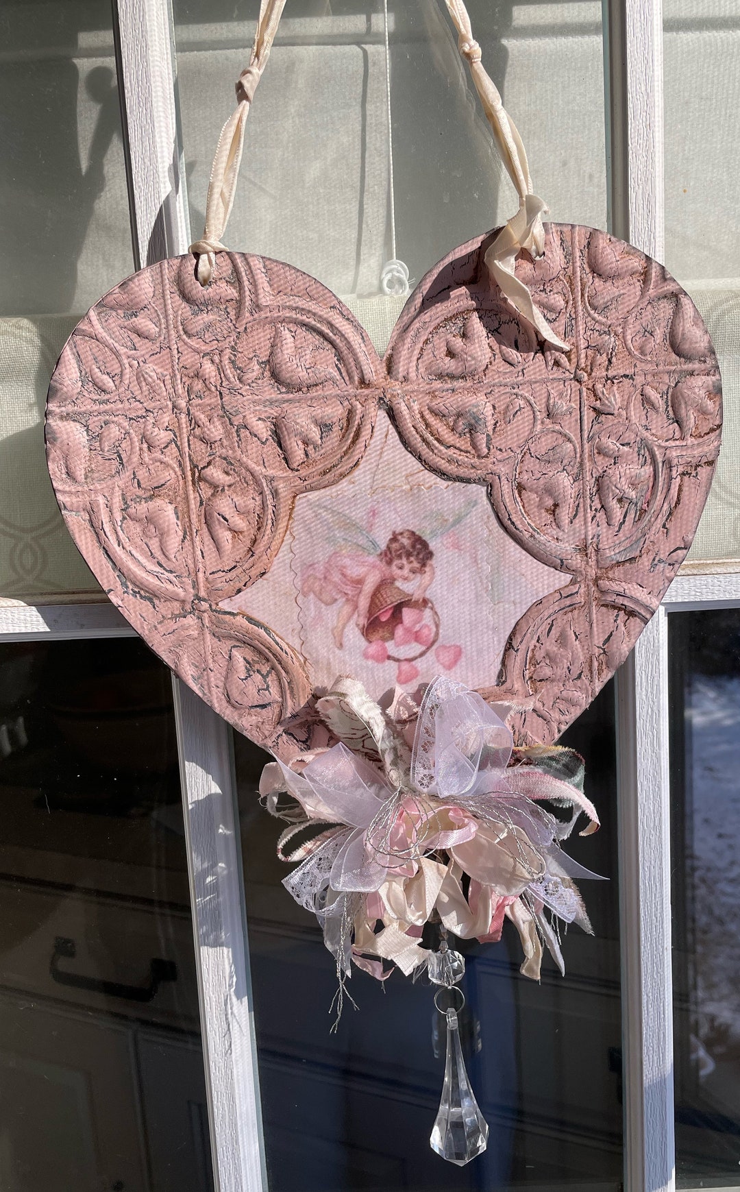 Shabby Valentine Pink Hanging Heart Handmade Chippy Cupid Pink Hearts ...