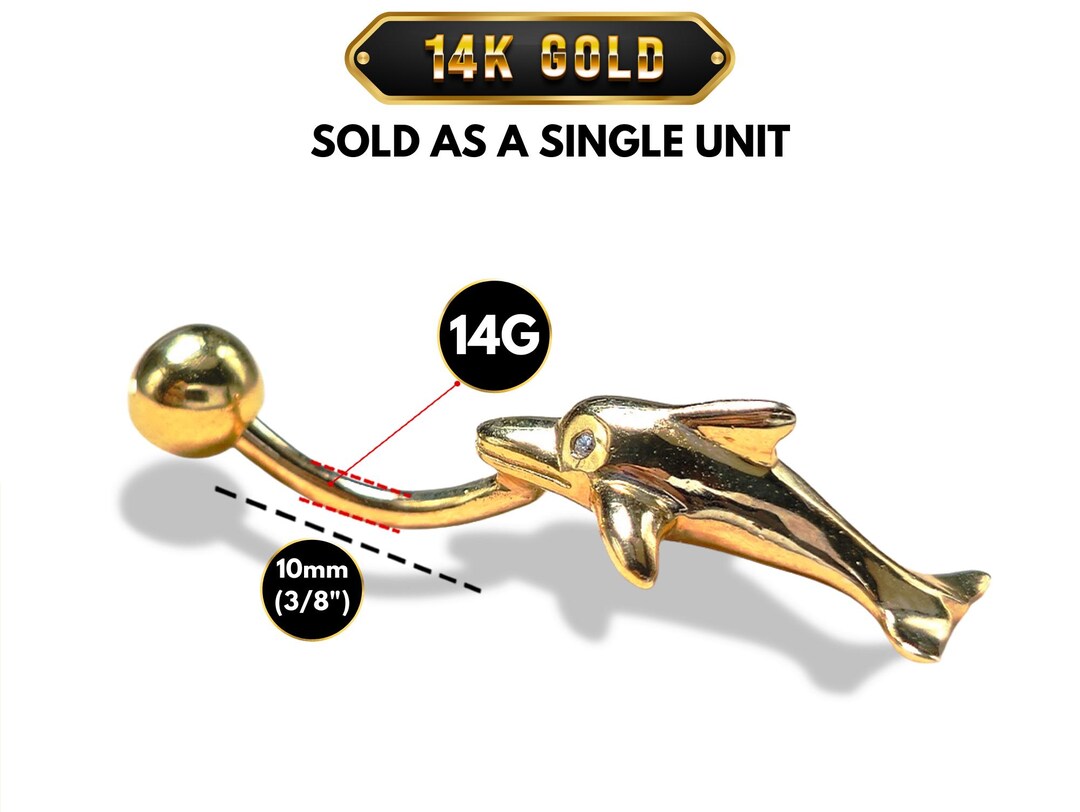 14K Gold Belly Ring - Dolphin Belly Bar, 14G Belly Button Piercing ...